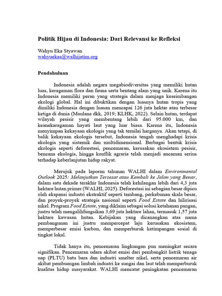 Politik Hijau Relevansi Dan Refleksi - Wahyu Eka | PDF