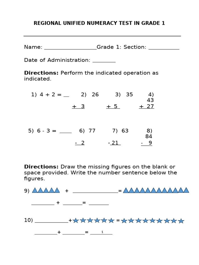 Grade 1 Regional Numeracy Test | PDF