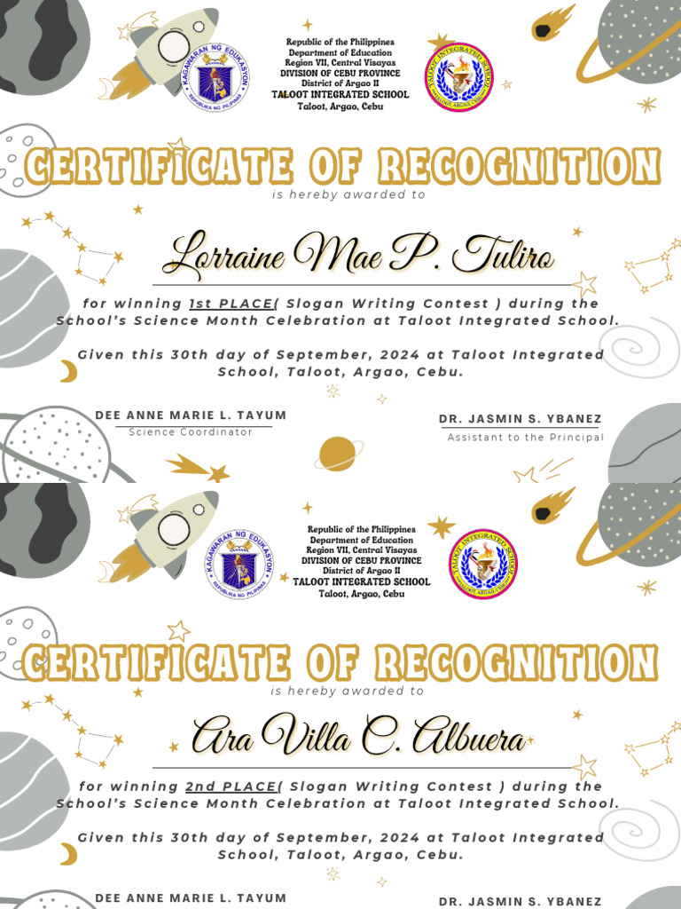 Space Universe Kids Science Award Certificate | PDF | Cebu | Government ...