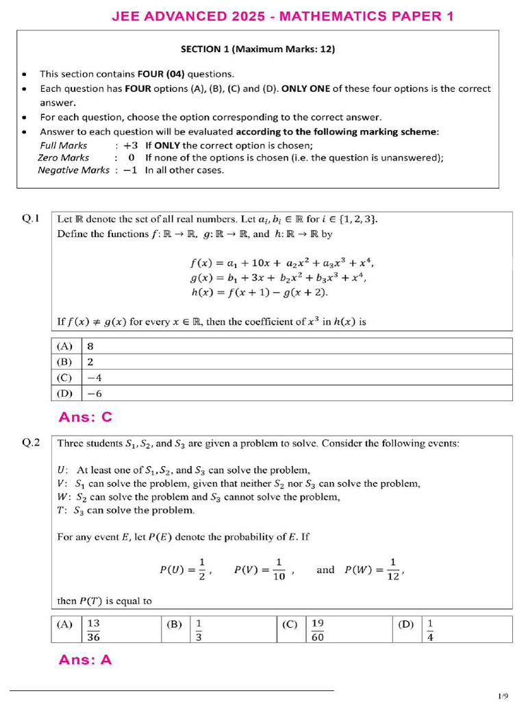 Jee Advanced Paper 1 Qeustion and Answer Key 2 | PDF