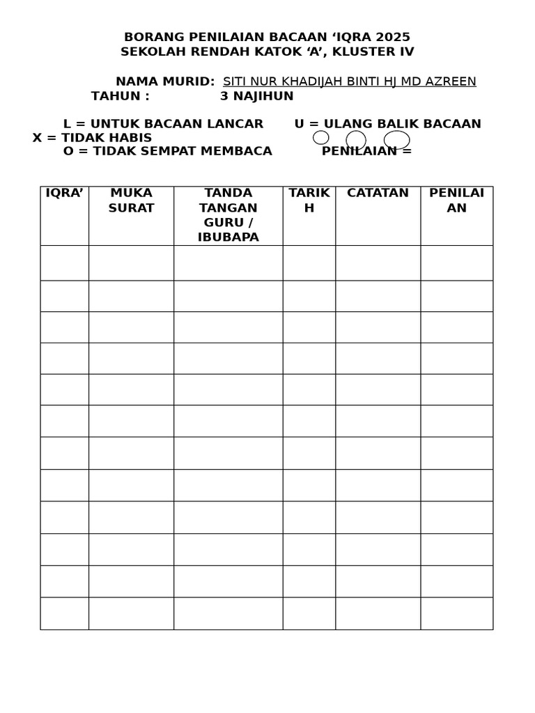 Borang Catatan Bacaan Buku Iqra' | PDF