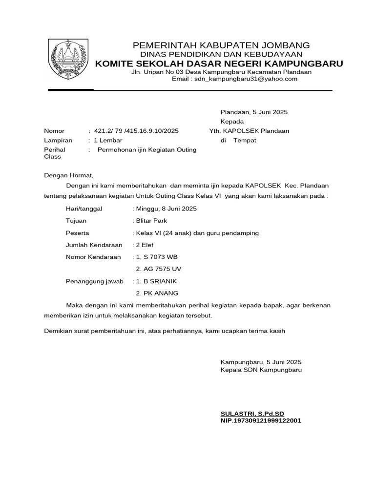 Surat Pemberitahuan Wisat Uptd | PDF