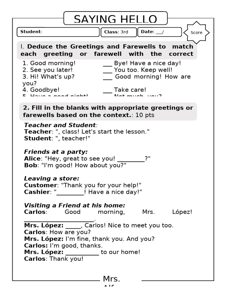 Greetings and Farewells Practice Worksheet | PDF