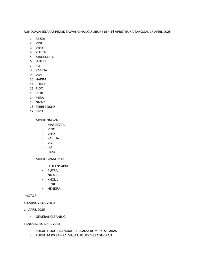 Rundown Selaras Piknik Tawangmangu Libur | PDF