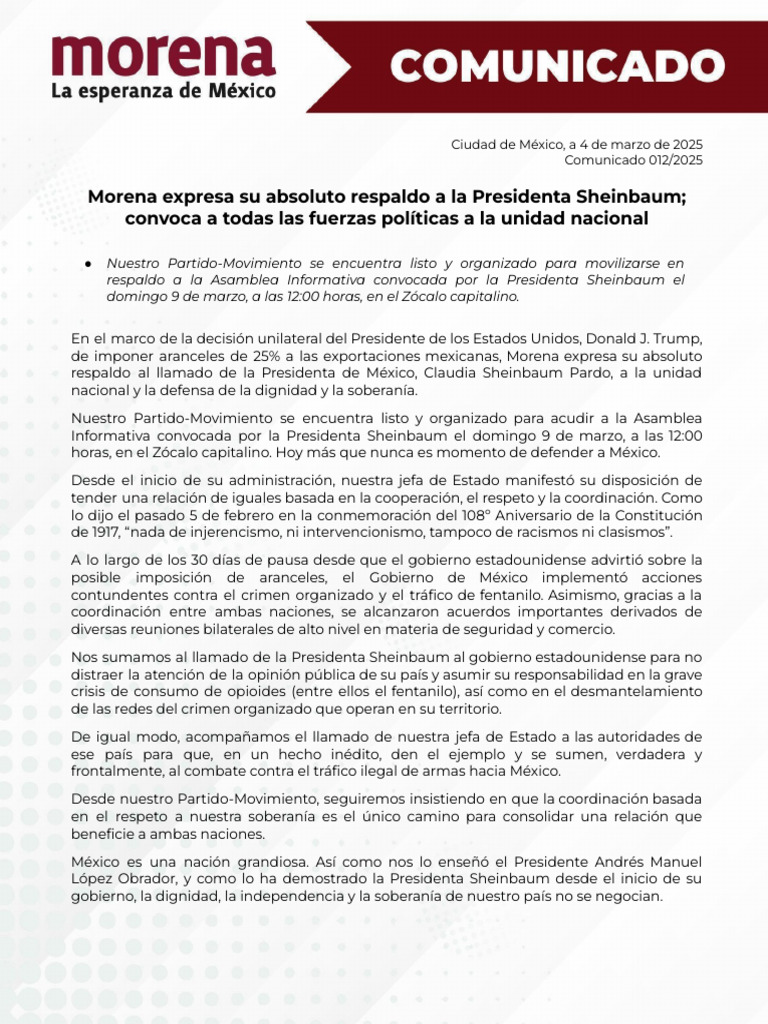 Comunicado 012 - Morena Convoca A Todas Las Fuerzas Políticas A La Unidad Nacional | PDF ...