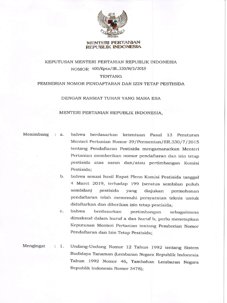 400 Tahun 2019 Tentang Pemberian Nomor Pendaftaran Dan Izin Tetap Pestisida | PDF