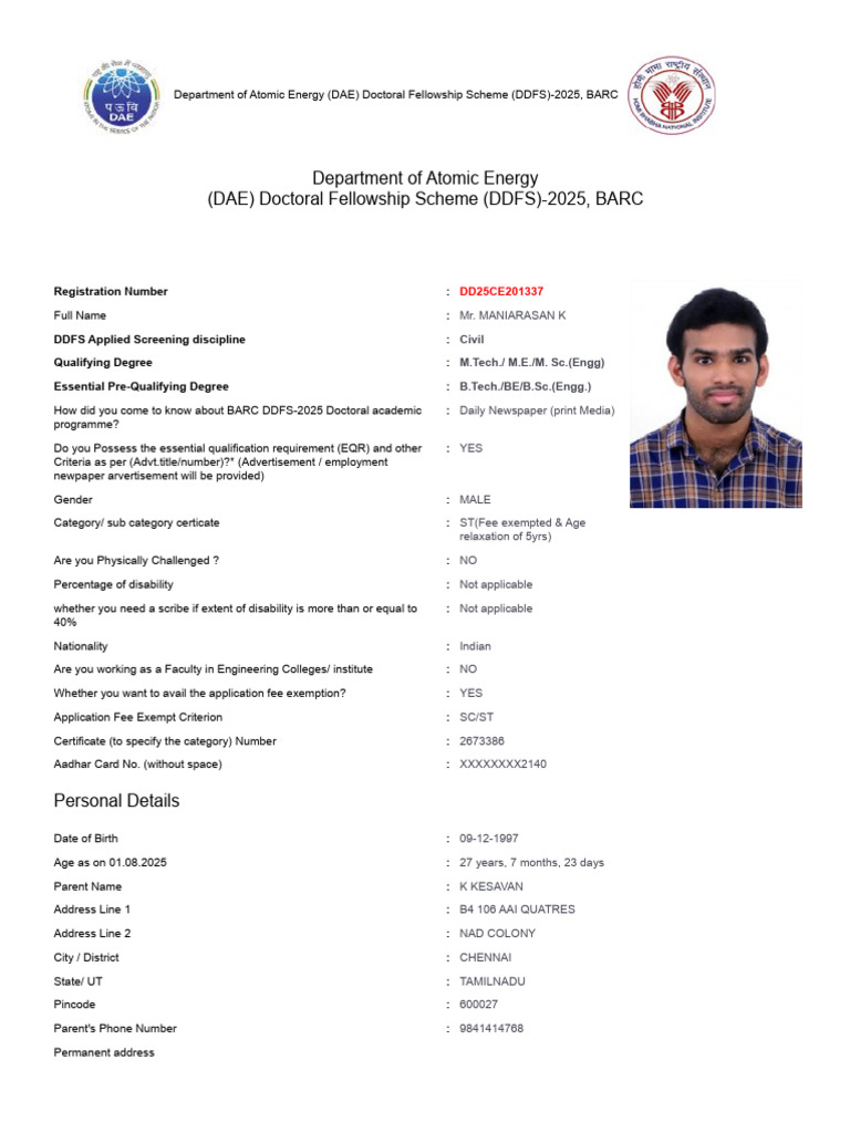 (DAE) Doctoral Fellowship Scheme (DDFS)-2025, BARC application | PDF | Tamil Nadu