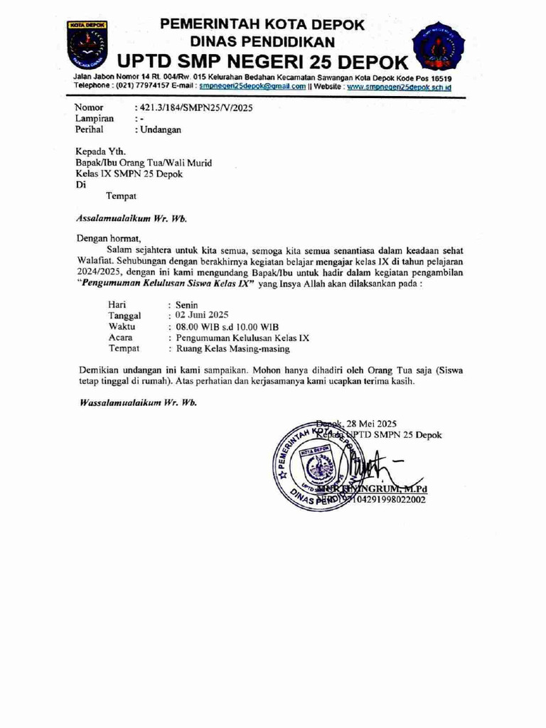 Surat Und. Pengambilan Hasil Kelulusan Kelas IX TP. 20242025 - 20250529 ...