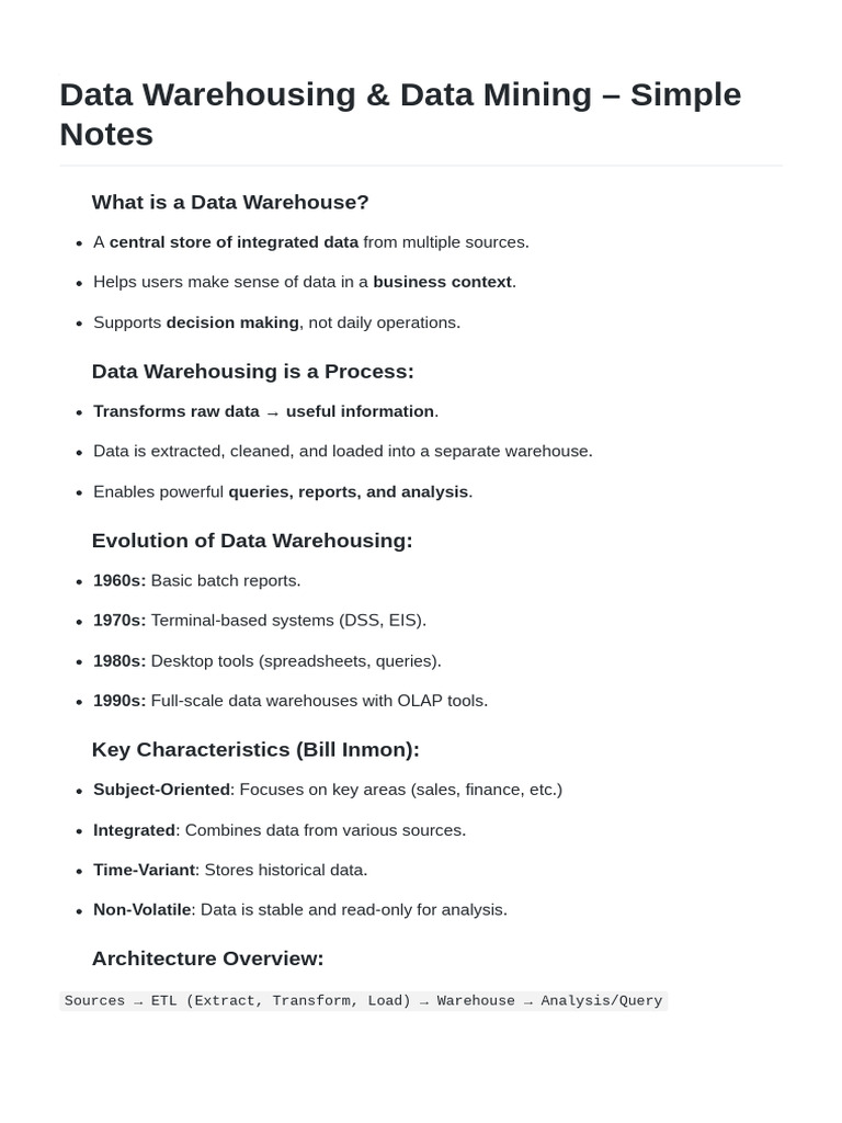 Data Warehousing & Data Mining - Simple Notes | PDF