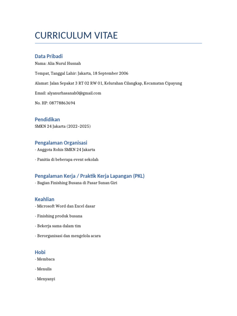 CV Alia Nurul Husnah | PDF