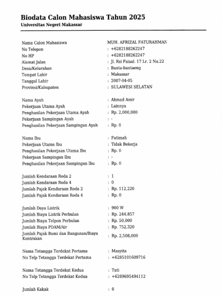 Biodata Mahasiswa | PDF
