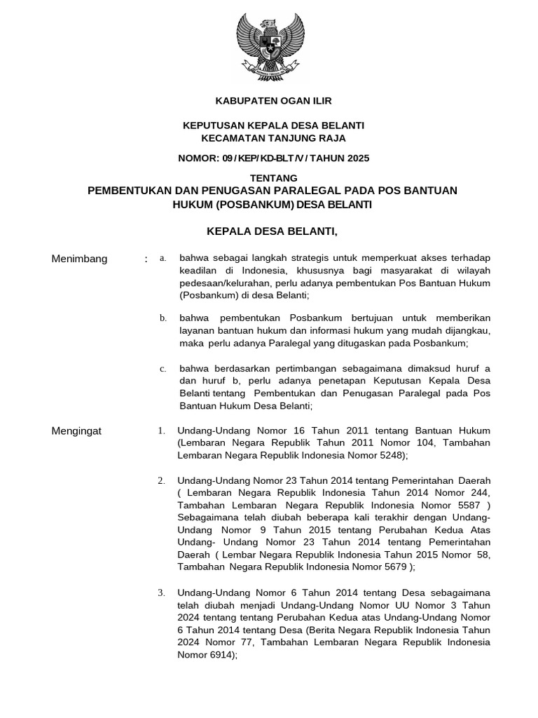 SK Kades Lurah Pembentukan Posbankum TDU | PDF