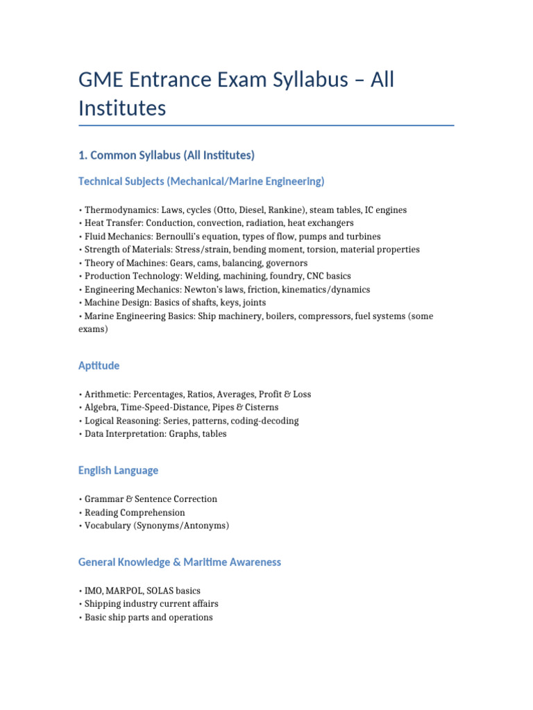 GME Entrance Syllabus All Institutes | PDF
