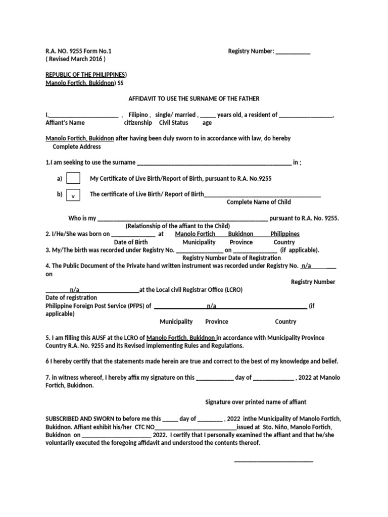 Affidavit To Use The Surname of The Father | PDF | Affidavit | Birth ...