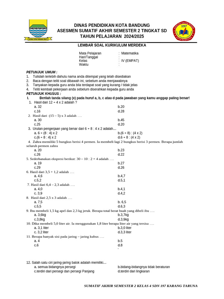 Soal Sas Kelas 4 Matematika | PDF