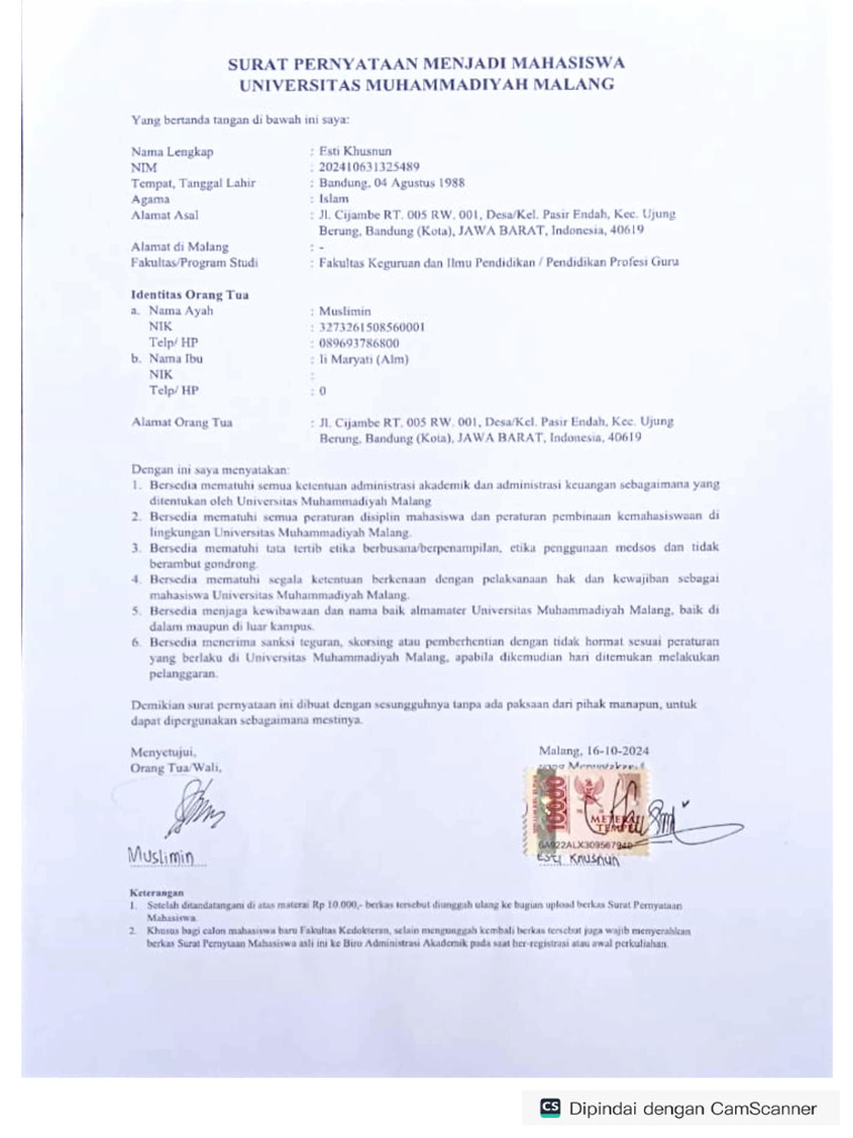 Surat Pernyataan Menjadi Mahasiswa | PDF