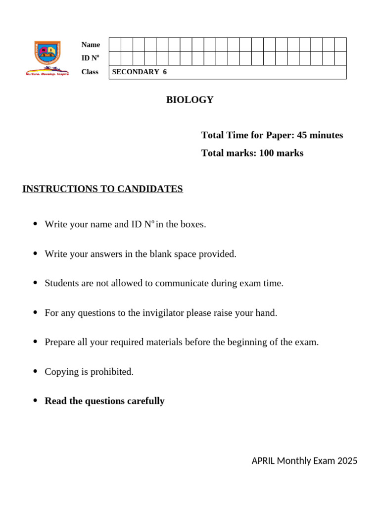 s5 April Exams Biology 2025 (10) | PDF | Mitosis | Biological Processes