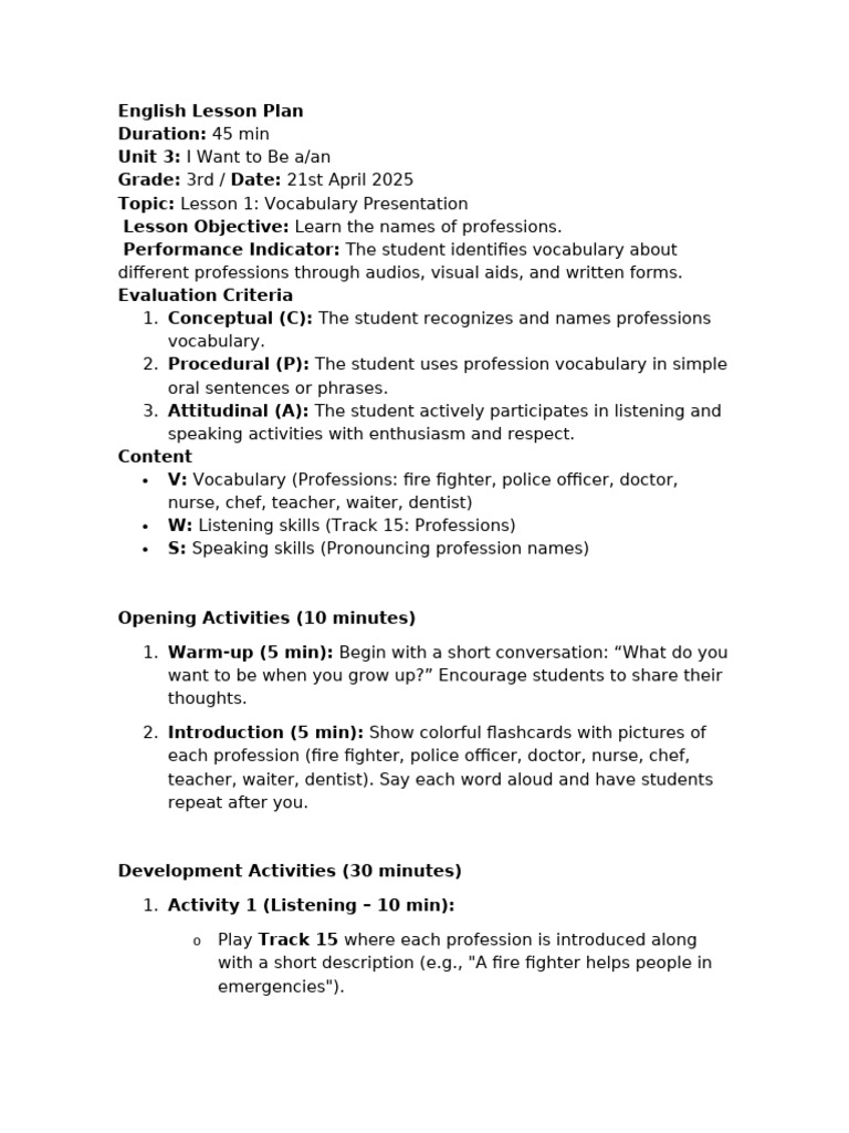 3rd Grade Vocabulary Lesson Plan: Professions | PDF | Vocabulary ...