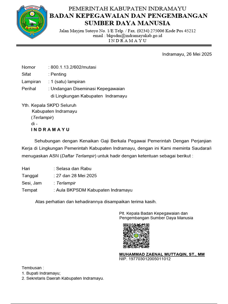 Surat Undangan Diseminasi Kepegawaian 2025 (KGB PPPK) - 27 Dan 28 Mei 2025 | PDF