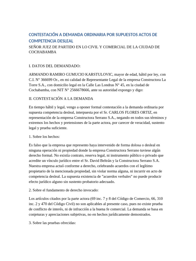 Contestacion Completa Constructora La Torre | PDF | Demanda judicial ...