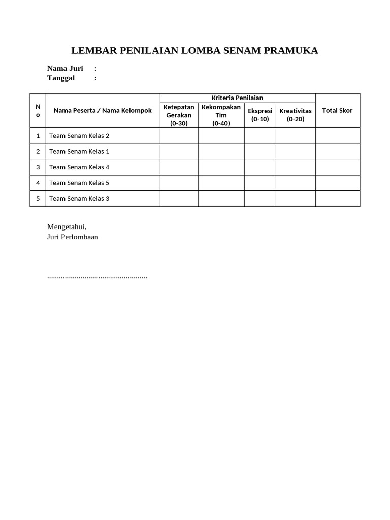 Lembar Penilaian Lomba Senam | PDF