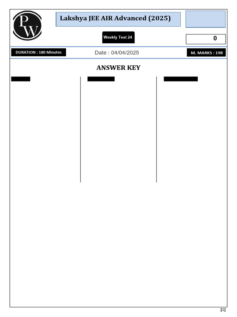 JEE Advanced 2025 Weekly Test 24 Answer Key | PDF | Motion (Physics ...