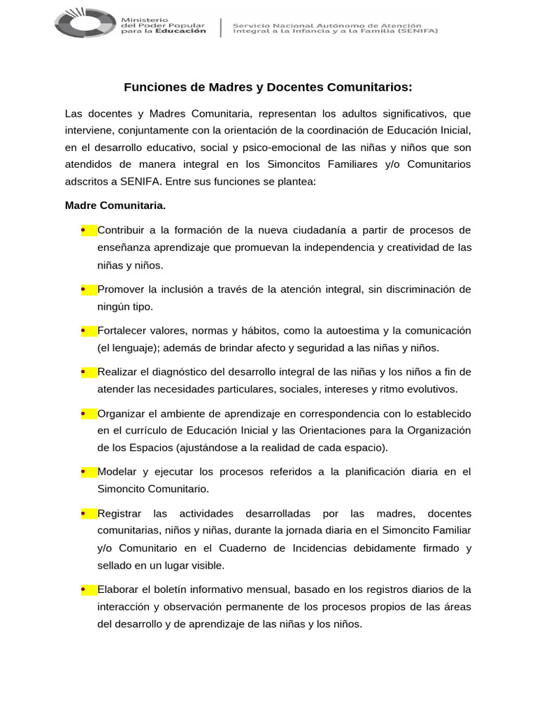Funciones de Madres y Docentes SENIFA | PDF | Educación de la primera ...