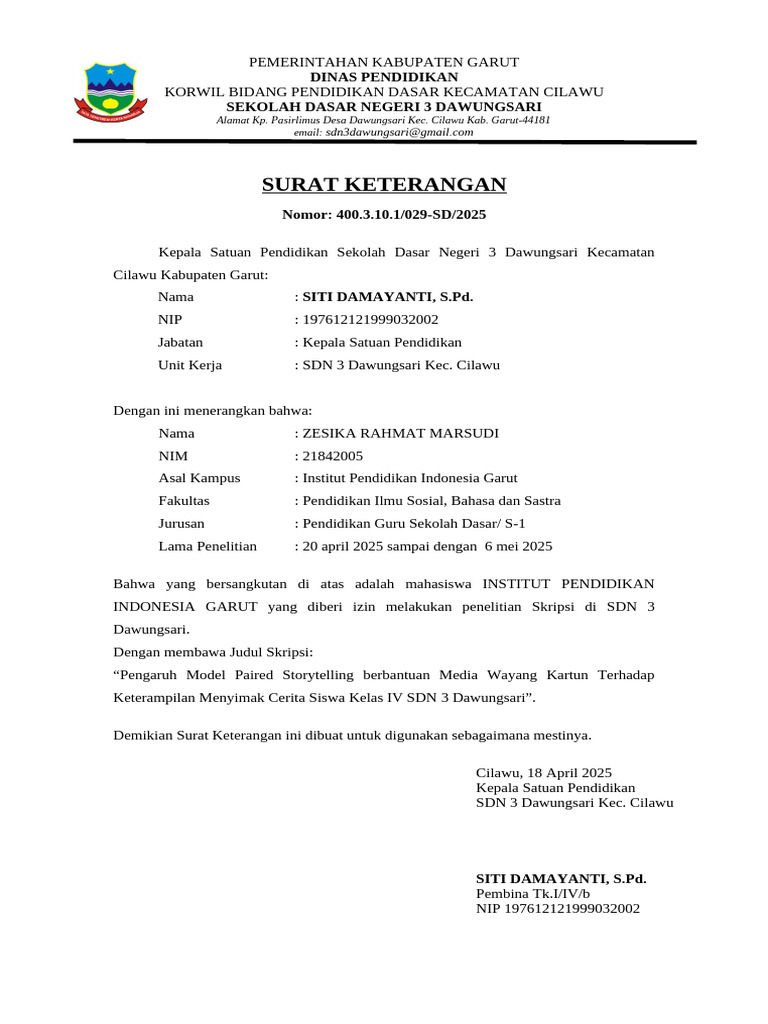 Surat Izin Penelitian Skripsi SDN 3 Dawungsari | PDF