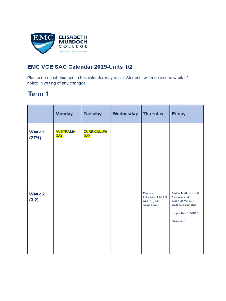 EMC VCE Units 1 and 2 SAC Calendar 2025 | PDF | Science
