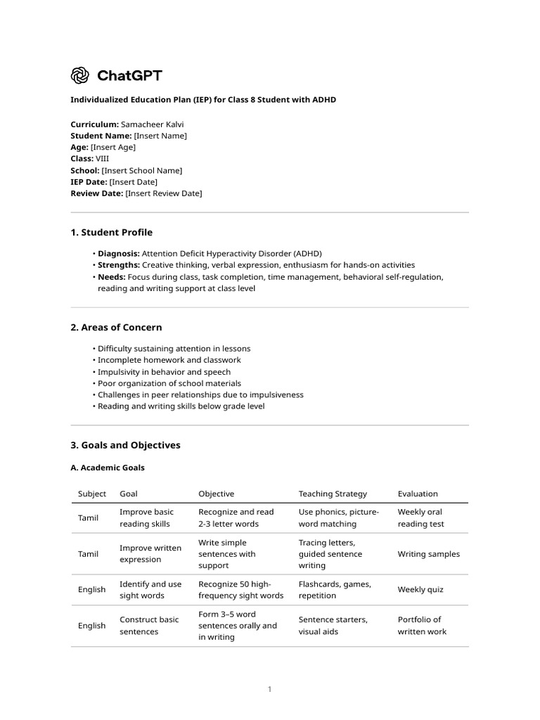 Iep Class8 Adhd | PDF | Teachers | Individualized Education Program