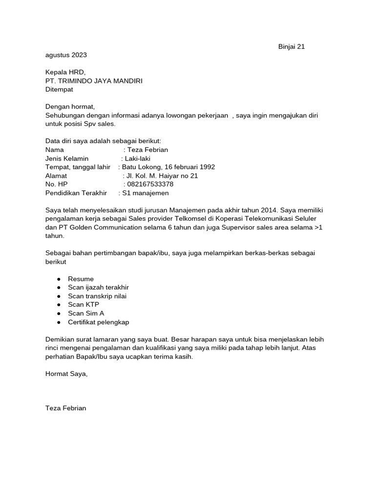 Surat Lamaran Tri | PDF