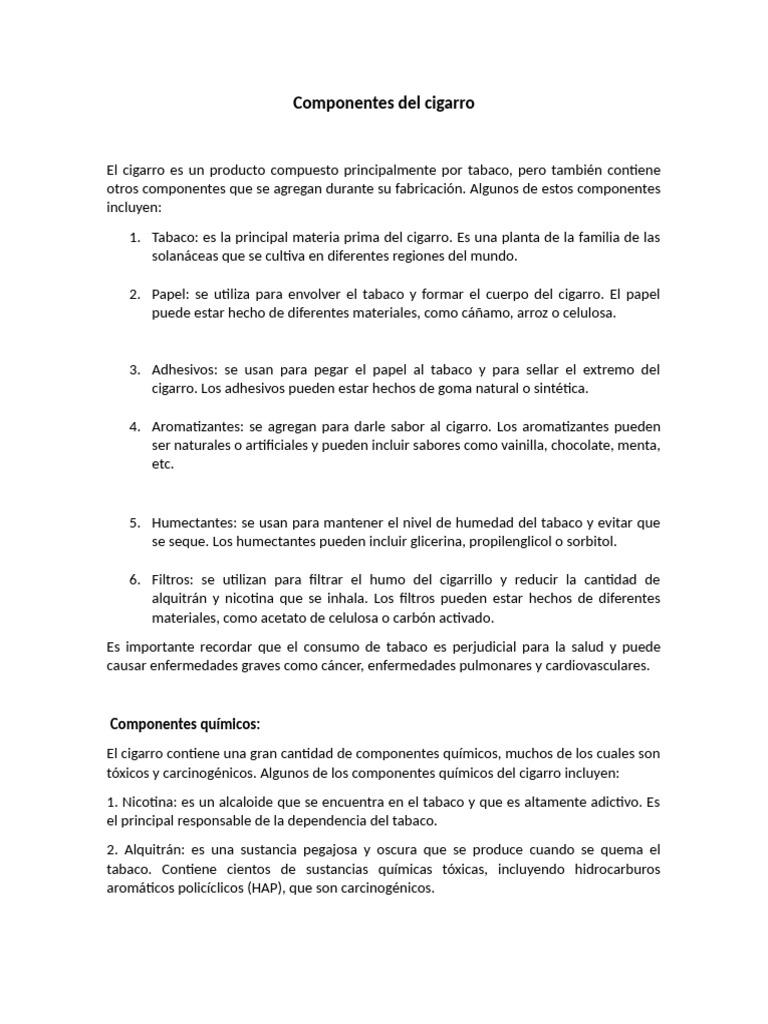 Componentes y riesgos del cigarro | PDF | Cigarrillo | Fumar