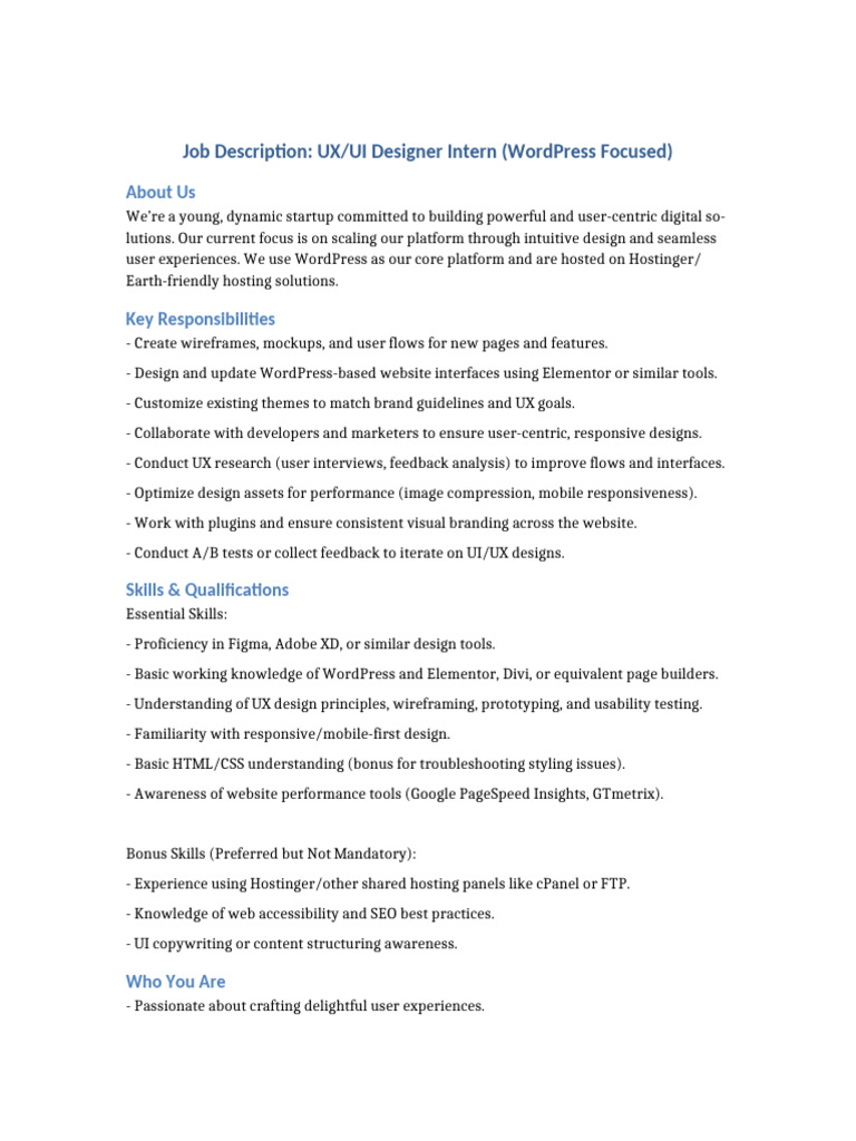 UX UI Designer Intern JD | PDF | Design | Computing