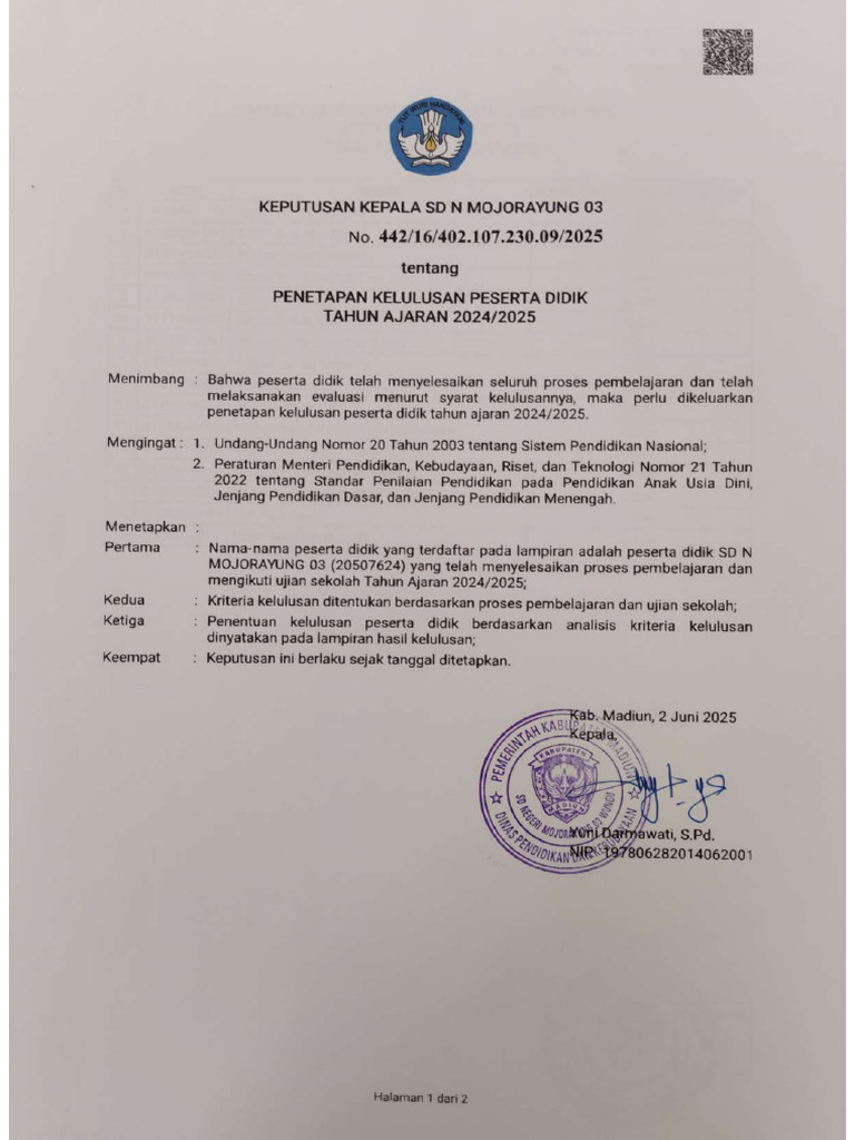 SK Penetapan Kelulusan Kls 6 SDN Mojorayung 03 2025 | PDF