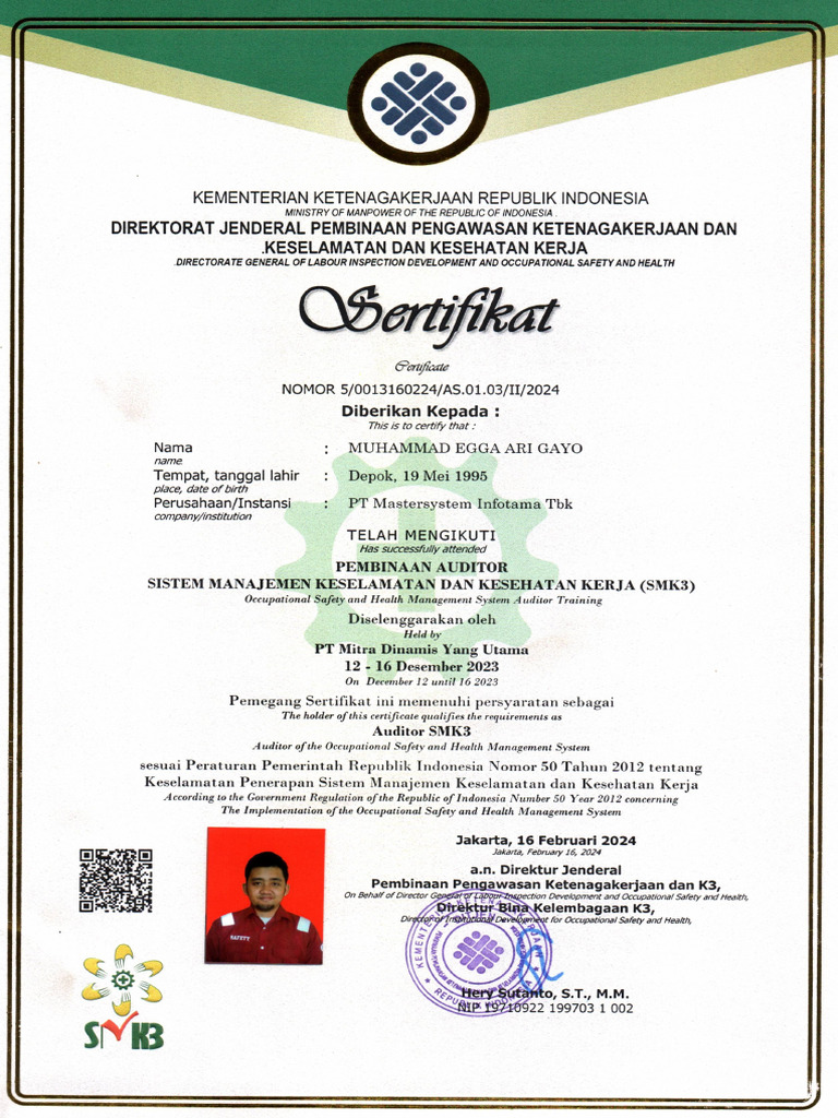 Sertifikat SMK3 - PT. MSI | PDF