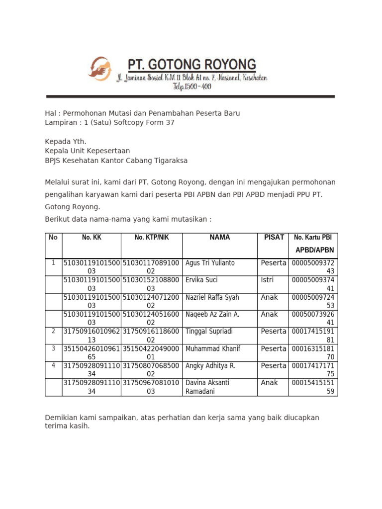 Surat Permohonan Mutasi Pbi (Contoh) | PDF