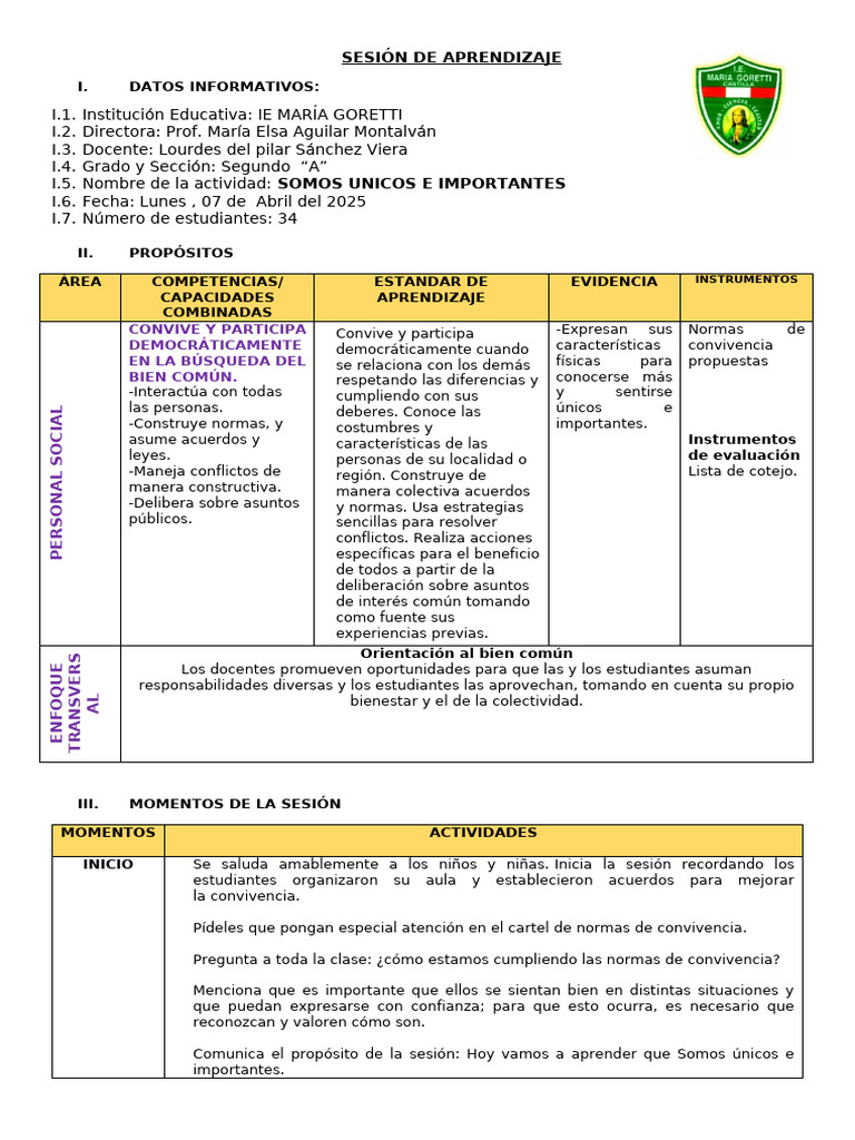Actividad "Somos Únicos e Importantes" | PDF