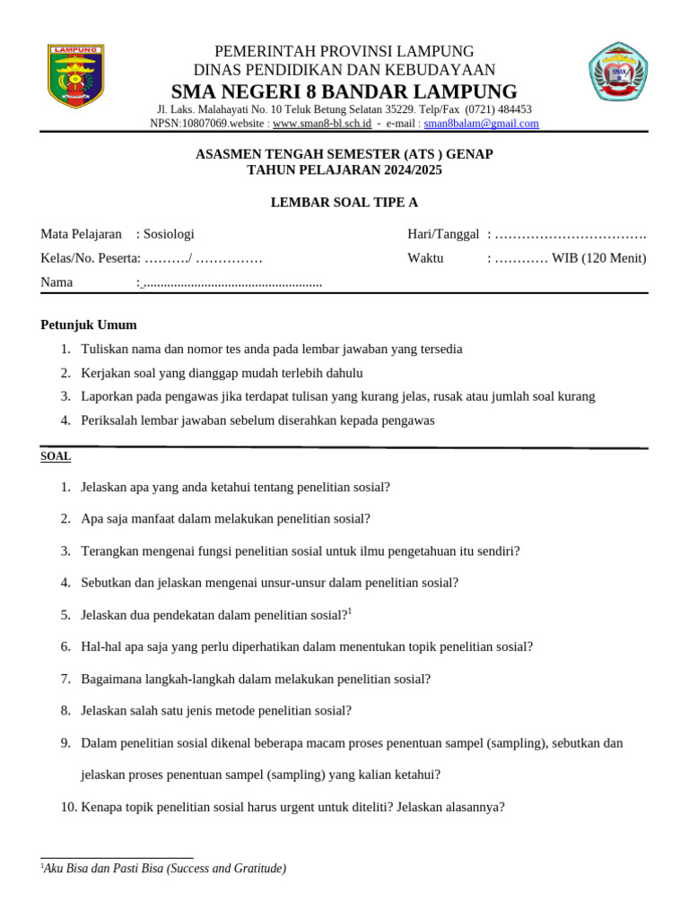 Soal Paper Sosiologi Antropologi Kls 10 Tipe A | PDF
