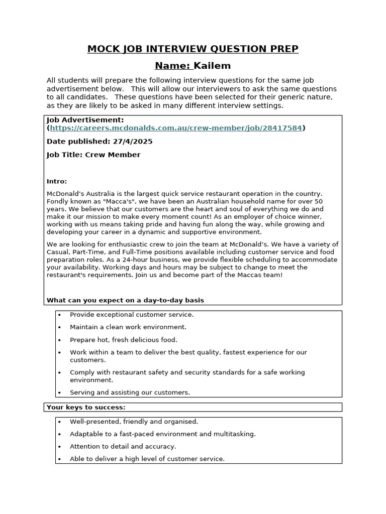 Mock Job Interview Question Prep | PDF | Mc Donald's | Business