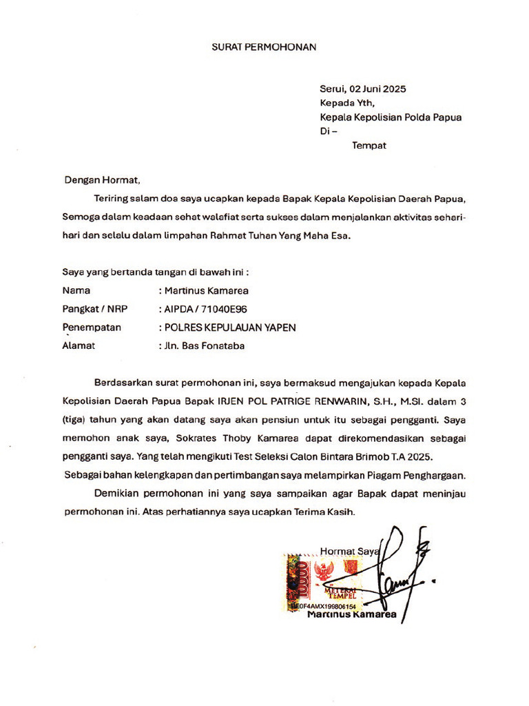 Surat Permohonan Martinus Kamarea | PDF