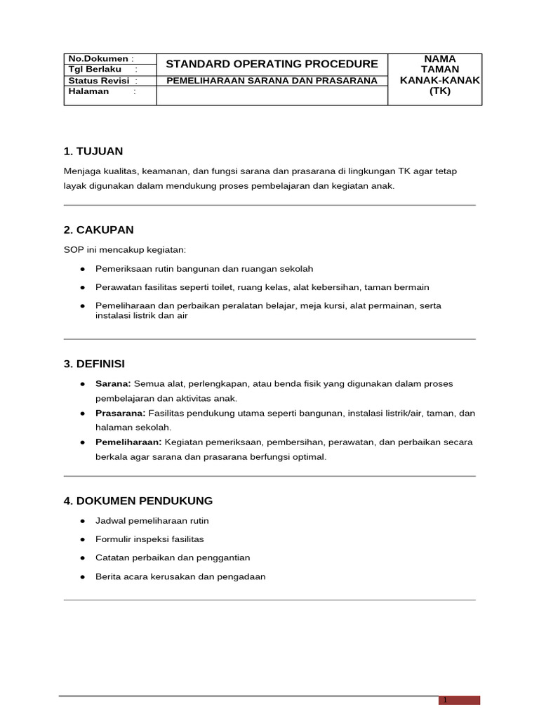 Sop Pemeliharaan Sarana Dan Prasarana | PDF