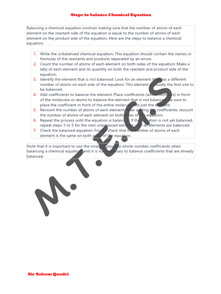 Steps of Balancing Chemical Equations | PDF