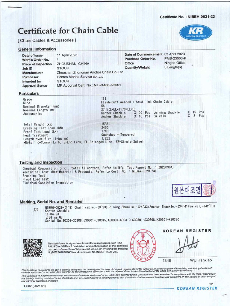 Anchor Chain Cable Certificate | PDF