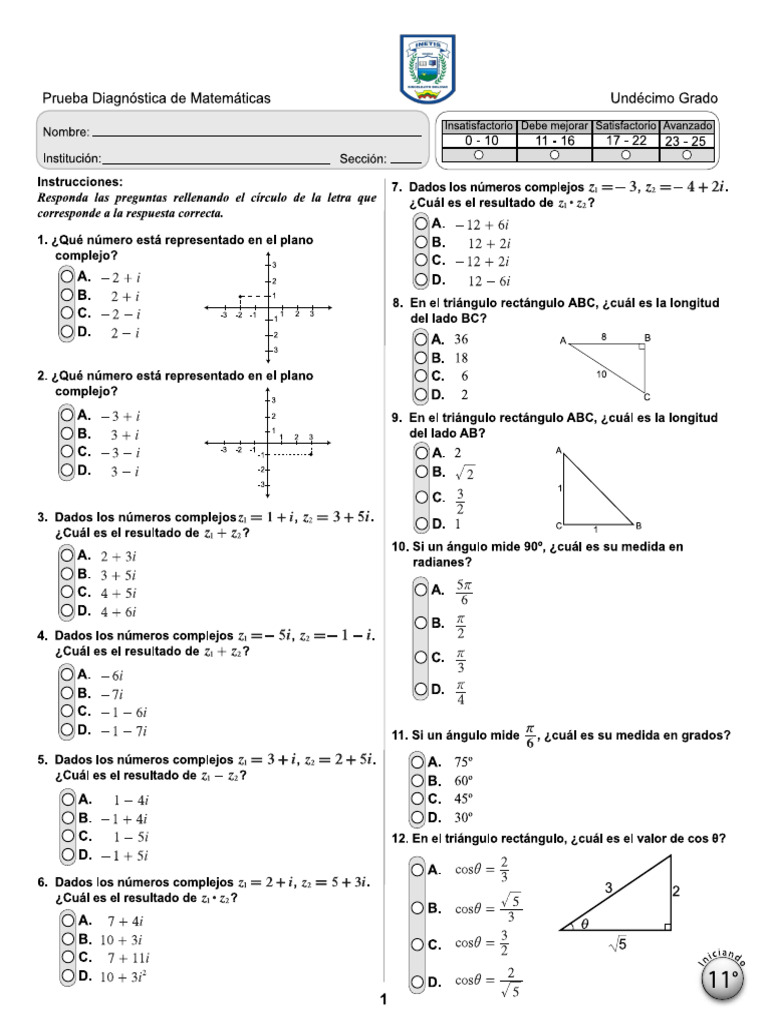 Prueba Diagnóstica 11º Matemáticas | PDF