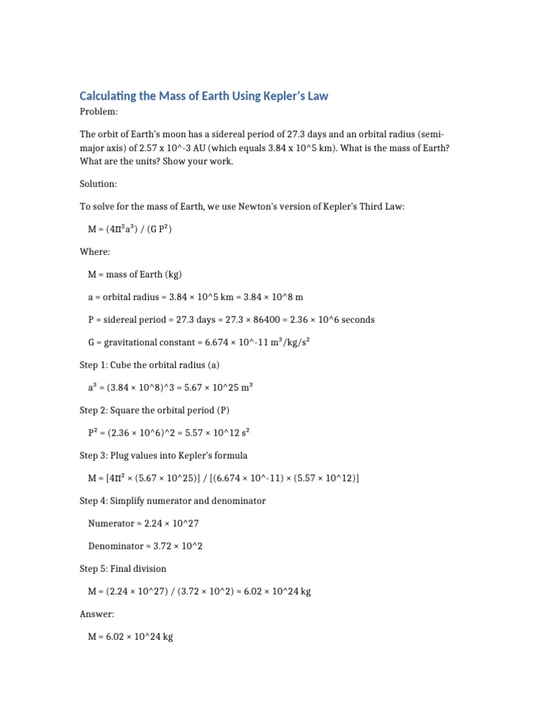Mass of Earth Kepler Law | PDF