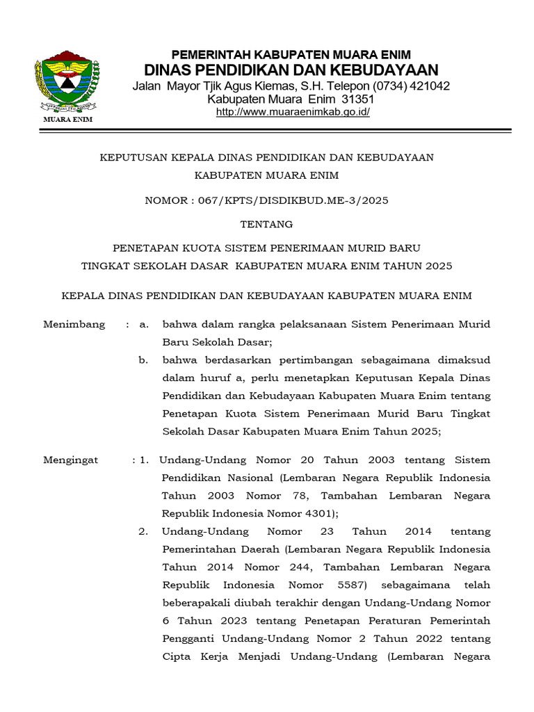 SK Kuota PPDB SD Tahun 2025 Muara Enim (13!04!2025) | PDF