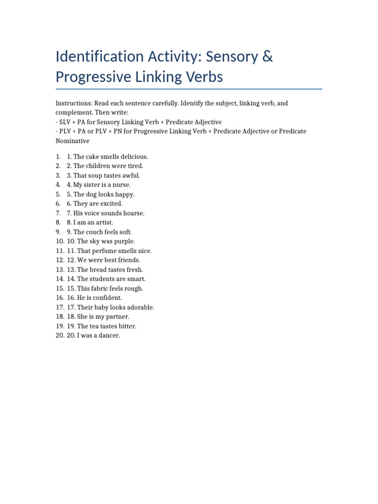 Sensory Progressive Linking Verbs Activity | PDF