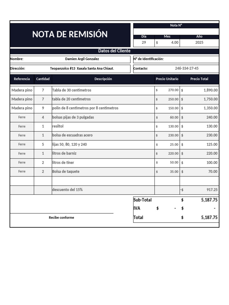 Formato Nota de Remision Excel | PDF