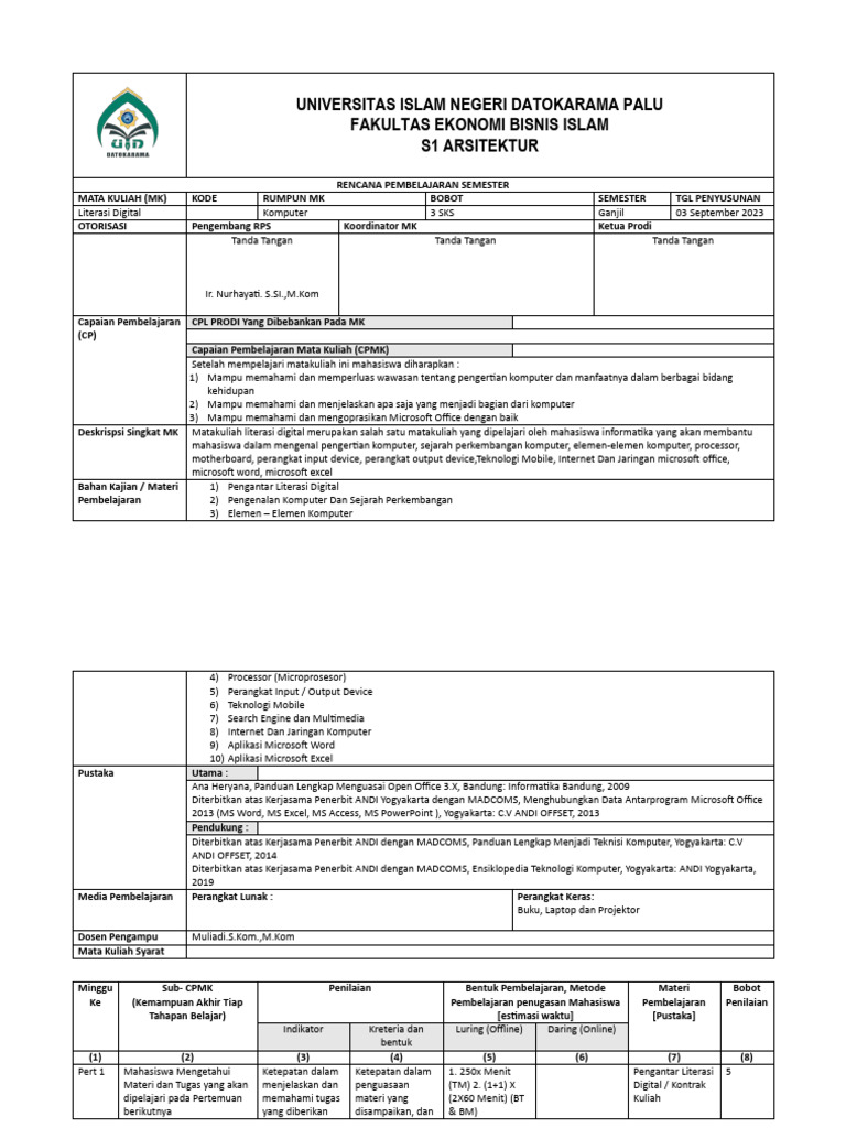 RPS Literasi Digital Ars - Literasi Digital Ars | PDF
