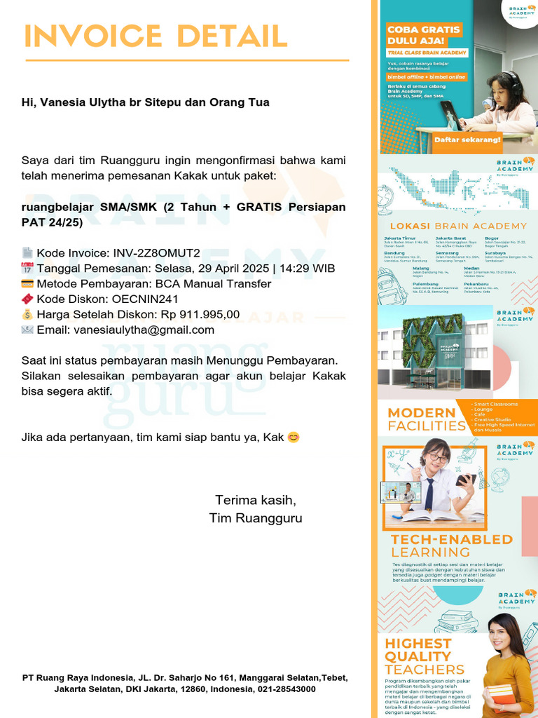 Detail Invoice Pemesanan Ruangguru | PDF